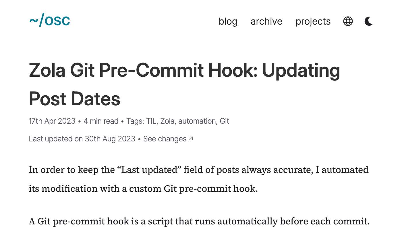 Zola Git Pre-Commit Hook: Updating Post Dates • ~/osc Zola Git Pre-Commit Hook: Updating Post Dates • ~/osc